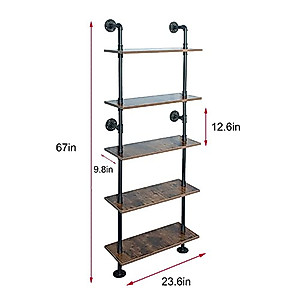 HEONITURE 5 Shelf Industrial Pipe Shelving, Black Modern Bookcase Bookshelf, Wall Mount Ladder Shelf with Metal Frame Display Selves