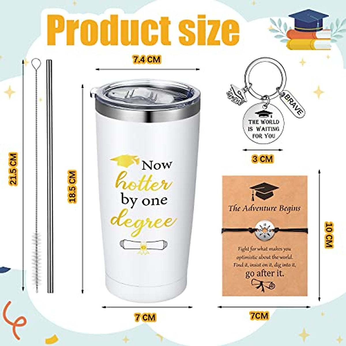 Karenhi 3 Pcs Graduation Gift Set Includes Class of 2023 Stainless Steel Tumbler with Lid, Straw Graduation Gift Keychain Graduation Bracelet Set Adjustable Compass Bracelet for School (Now Hotter)