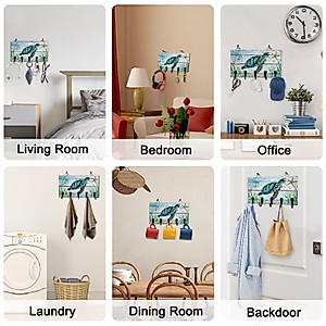 JasmineM Sea Turtle Ocean Key Holder for Wall Decorative, Wood Wall Mounted Key Rack with 5 Key Hooks, Keys Hanger Organizer for Entryway Hallway Office Home Decor, Rustic Wood Beach Starfish