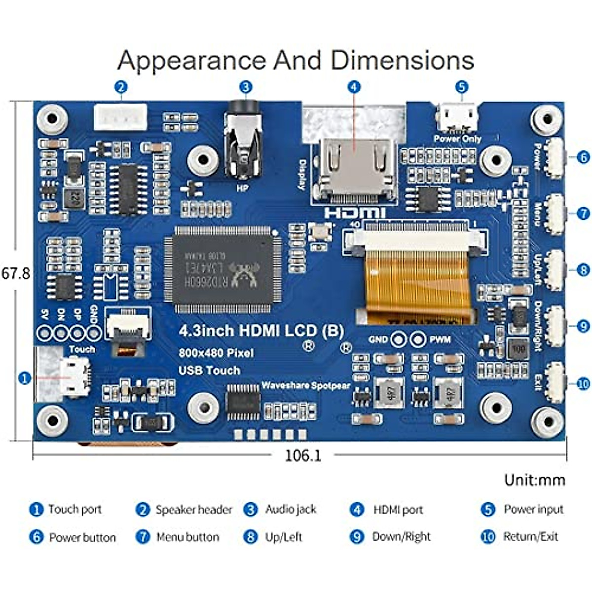 waveshare 4.3inch Capacitive Touch Screen LCD Compatible with Raspberry Pi 5/4B/3B+/3A+/2B/B+/A+/Zero/Zero W/WH/Zero 2W CM3+/4 800×480 Resolution HDMI IPS Supports Jetson Nano/Windows