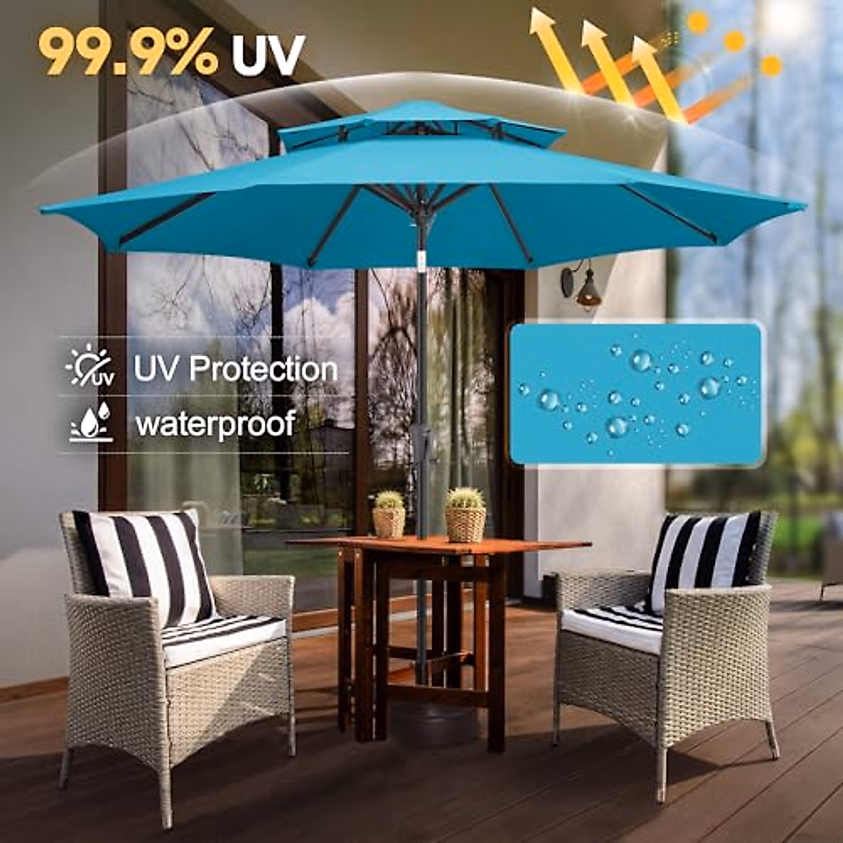 FLAME&SHADE 9 ft Double Top Outdoor Market Patio Table Umbrella with Tilt, Aqua Blue