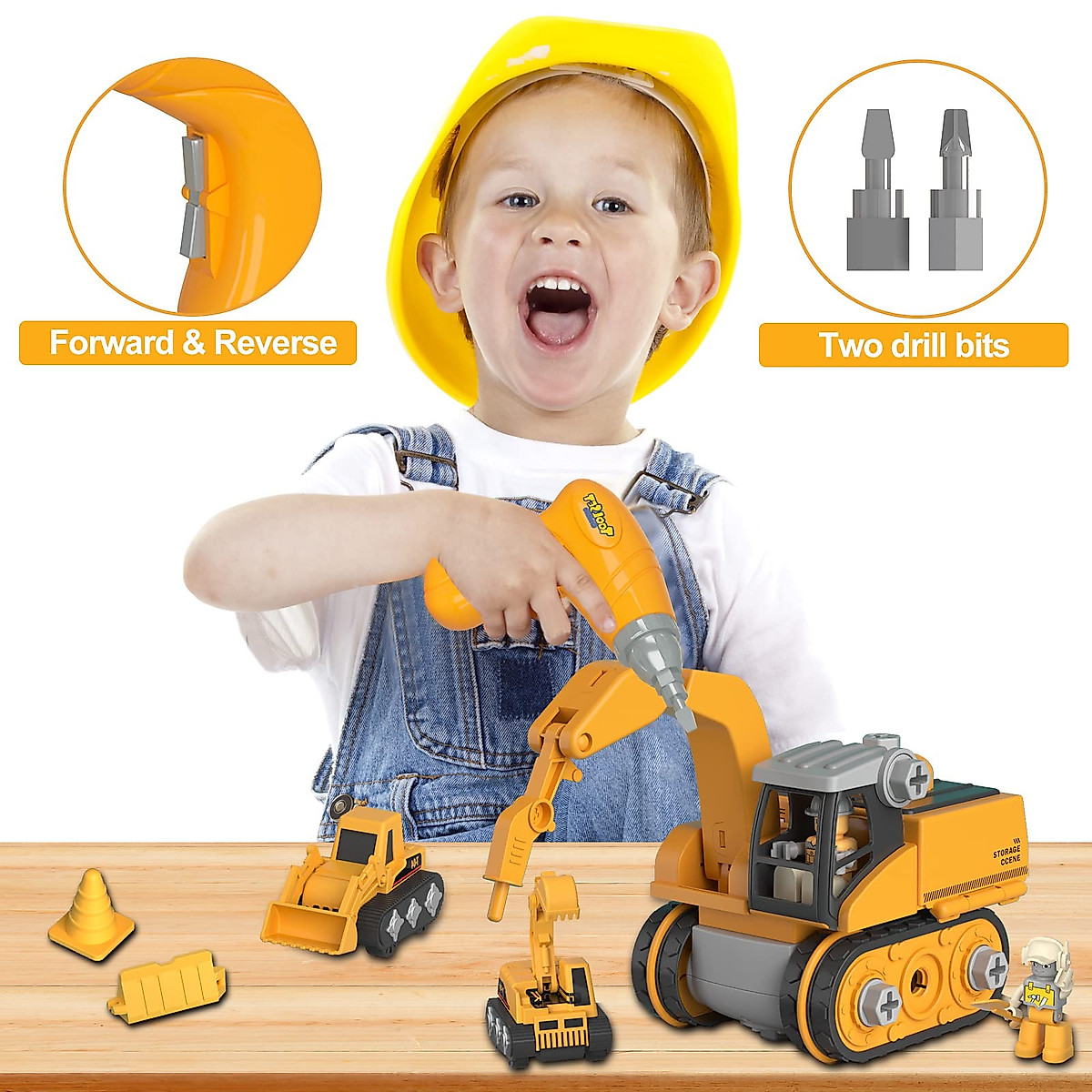 Construction Truck Toys for 3 4 5 6 Years Old Toddlers Kids Boys and Girls, STEM Take Apart Toys Cars with Electric Drill, 4 in 1 Construction Vehicles Crane Excavator Drilling Car Timber Grab Truck