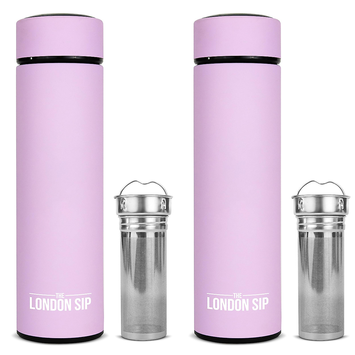 London Sip Multi-Purpose Travel Mug and Tumbler Fruit Infused Flask Hot and Cold Double Wall Stainless Steel Thermos with Extra-Long Infuser, Gentle Lilac, Pack of 2