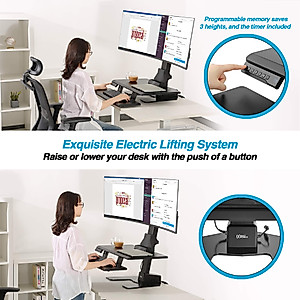 AVLT Dual 32" Monitor Electric Standing Desk Converter with Huge Keyboard Tray Extra Large 28"x 16" Spacious Tabletop Motorized Automatic Height Adjustable Sit to Stand Table Sturdy Small Footprint
