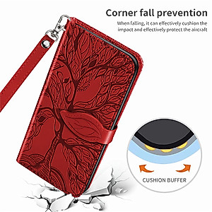 MEUPZZK for Google Pixel 6 Case, Wallet Case for Pixel 6 5G, Embossed Tree Premium PU Leather [Kickstand] [Card Slots] [Wrist Strap] [Folio Flip] [6.4 inch] Phone Cover for Pixel 6 (R-Red)