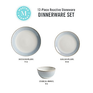 Martha Stewart Perry Street Stoneware Reactive Dinnerware Set - White w/Blue Rim, Service for 4 (12pcs)