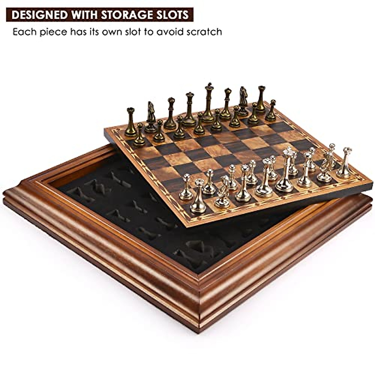 AMEROUS 14 inches Wooden Chess Set with Metal Chess Pieces / 2.5'' King/Storage for Chessmen/Gift Package/Instructions/Classic Board Game