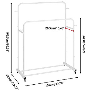 Laiensia Double Rods Garment Rack with Wheels, Clothing Rack for Hanging Clothes,4 Hooks, Multi-functional Bedroom Clothes Rack, White