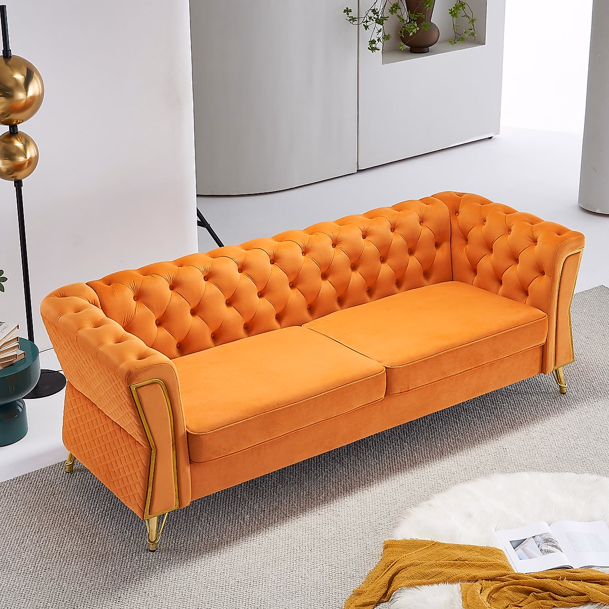 Vensico Modern Velvet Sofa Couch for Living Room, 87.4 Inch Long Tufted Sofa Unique Upholstered Couch Oversized Sofa Decor Furniture with Golden Metal Legs (Orange)