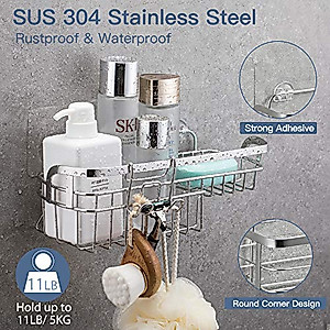 LUXEAR Reusable Adhesive Shower Shelf with Hooks - Rustproof Bathroom Shower Caddy Storage Organizer - Stainless Steel Shower Rack Basket for Shampoo Soap Razor - No glue