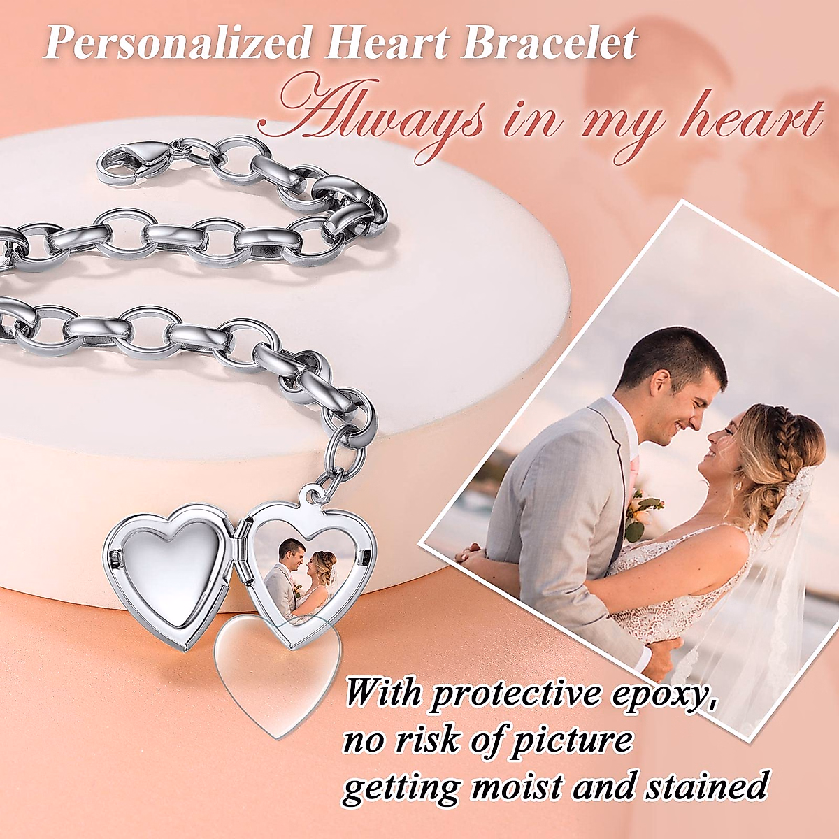 FindChic Customized Heart Locket Bracelet for Women with Picture Women Stainless Steel Mother Bracelets Adjustable Photo Printing Chunky Cable Chain Bracelet Best Friends Jewelry
