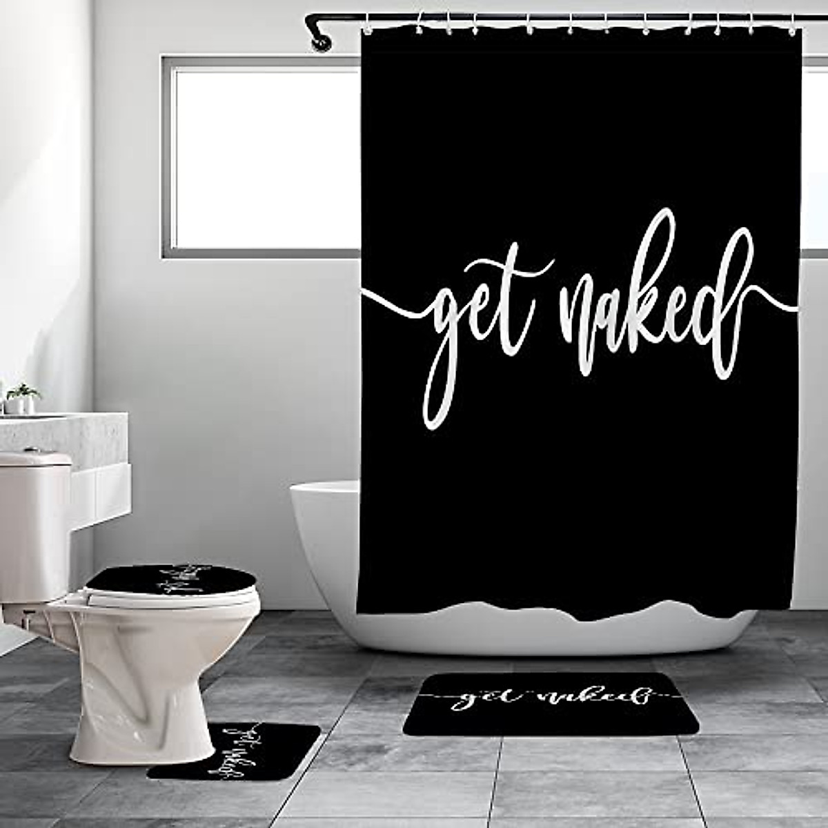 IcosaMro Get Naked Shower Curtain Set with Rugs and Accessories Black and White Bathroom Set 4 Pcs (Bath Mat, U Shape Rug, Toilet Lid Cover Mat and 12 Hooks) Boho Bathroom Decorations