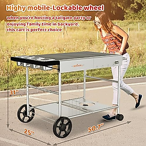 BBQMall Pizza Oven Table Cart for Ooni Koda/Karu/Fyra 16 & 12 with Pizza Topping Station, Movable Food and Prep Workcart, Outdoor Grill Stand for Ninja Woodfire, Blackstone Griddle Cuisinart etc Grill