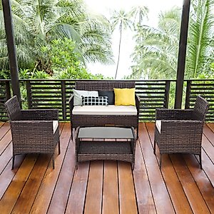 Tangkula Rattan Sofa 4 PCS Patio Wicker Furniture Set Outdoor Garden Lawn Poolside, OneSize, Beige