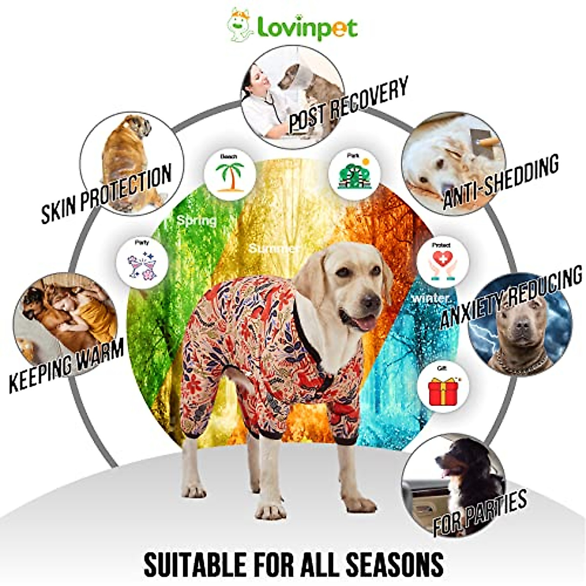 LovinPet Large Breed Dog Pajamas - Lightweight Pullover Full Coverage Dog Pjs, Dog Onesie, Happy Horse Coral Print, Full Coverage Dog Jammies, Pet PJ's/Large