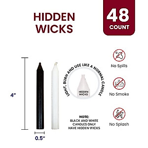 Spell Candles 48 Pack 4" Tall x 1/2" Dia, Hidden Wicks, 12 Colors 4 Mini Candles Black, White, Green, Red, Yellow, Orange, Blue. Brown, Pink, Purple, Grey, Non-Metallic Gold, Free Candle Spell Book