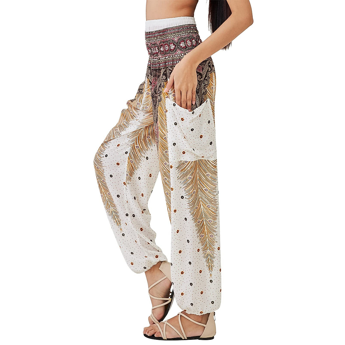 Joob Joob Boho Pants for Women - Hippie Harem Pants Women - Womens Yoga Pants – Comfy Bohemian Flowy Hippie Clothes - Medium White