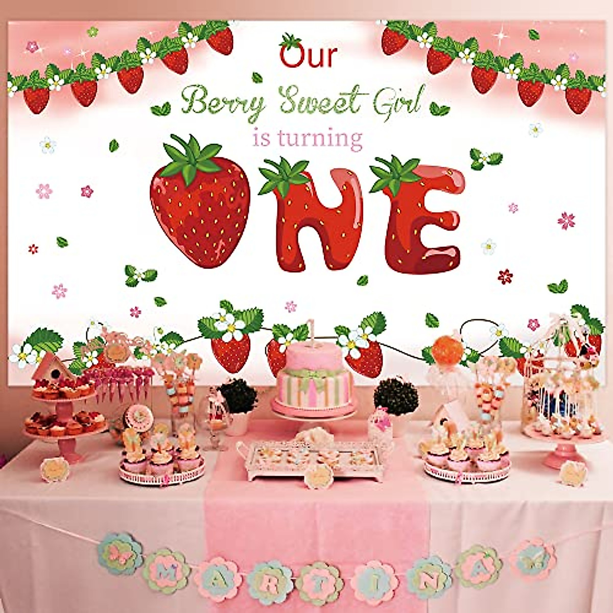Strawberry 1st Birthday Backdrop for Girls, Our Berry Sweet is Turning Baby Girls First Birthday Background, 42.9 x 70.2 inches Photography Props Summer Fruits Kids Party Decorations