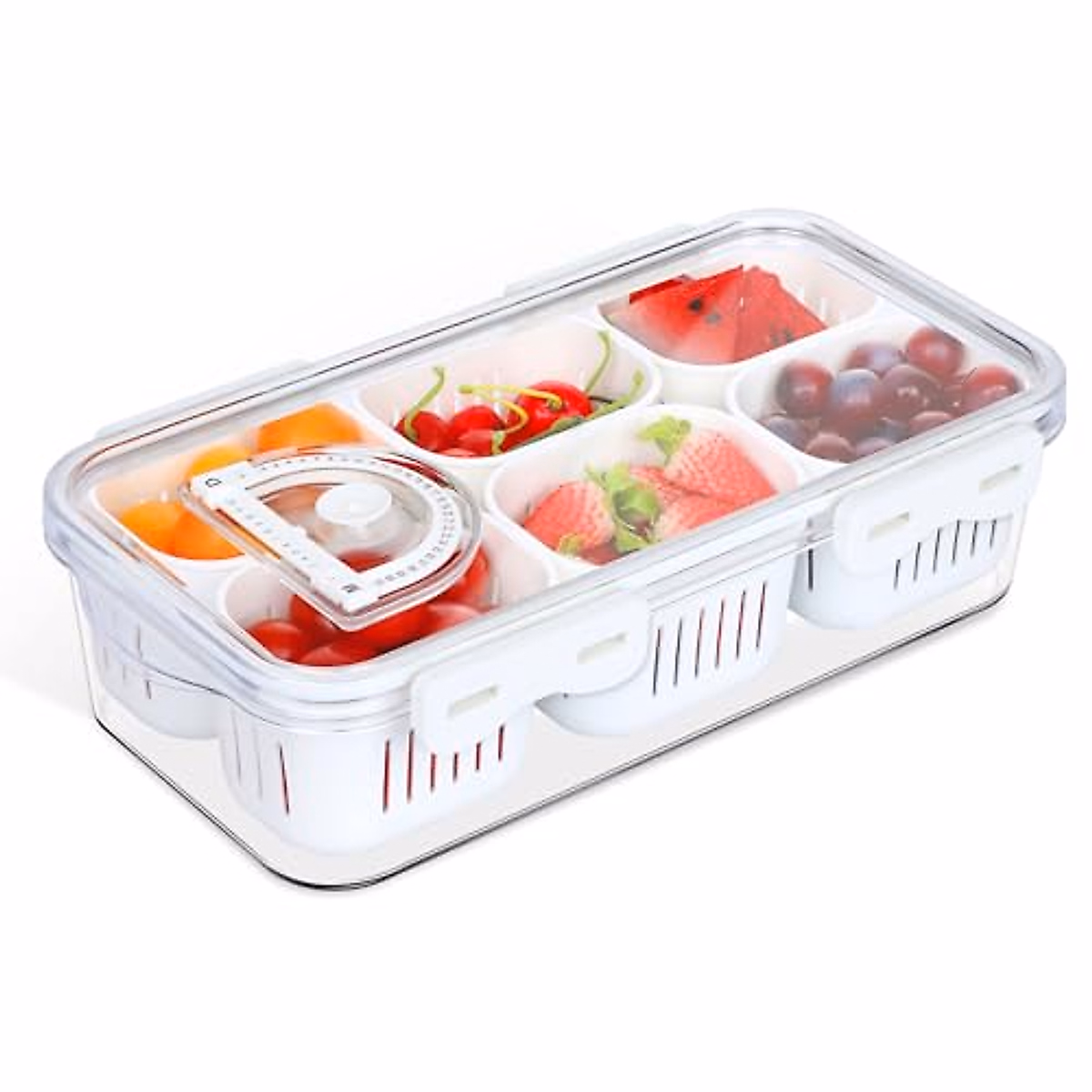 Dualshine Divided Serving Tray with Lid, Fruit Storage Containers for Fridge, Snack Box, Portable Food Storage Containers with 6 Compartments Keep Fruits, Snacks, Vegetables and Spices Fresh Longer