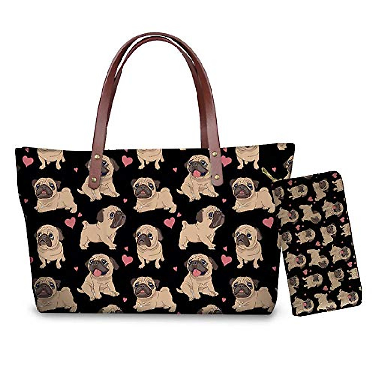 Xhuibop Pug Shopper Handbags for Women Purse and Wallet Set for Teens Girls Leather Wallet Top Handle Shoulder Bags Large Capacity Tote Bag