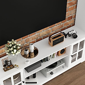 DiDuGo Large Entertainment Center with Bookshelves & Glass Doors, 66.9x43.3 inch Hutch Space for TV, Living Room Entertainment Center with Storage, White (102”W x 14.6”D x 78.2”H)