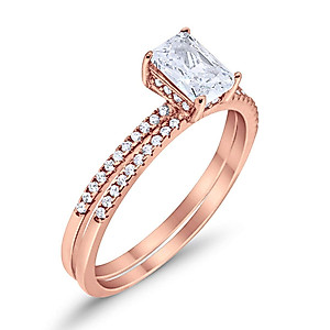 Blue Apple Co. Art Deco Two Piece Wedding Engagement Bridal Set Radiant Round Simulated Cubic Zirconia Rose Tone 925 Sterling Silver, Size-5