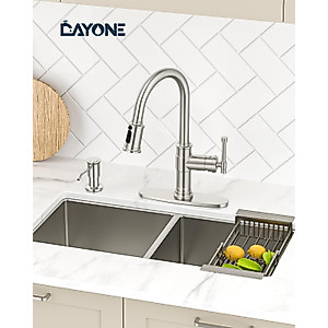 Pull Down Kitchen Faucet with Sprayer Brushed Nickel, DAYONE Single Handle Antique One Hole High Arc Pull Out Kitchen Sink Faucets with Soap Dispenser,APS136BN