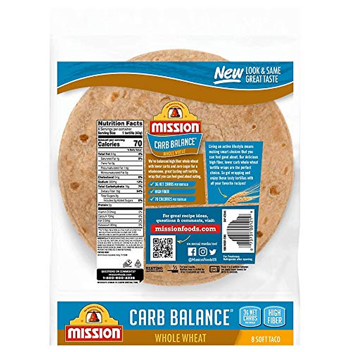 Mission Foods Carb Balance Whole Wheat Soft Taco, 8 ct 2 Bags 0g Trans Fat per serving