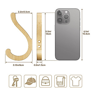 Wood Wall Hooks for Hanging Coats - Large 5.5" Coat Hanger Wall Mounted, Closet Hooks, Wooden Hooks for Hanging Backpack, Hat, Jacket, Purse, Clothes, 4-Pack