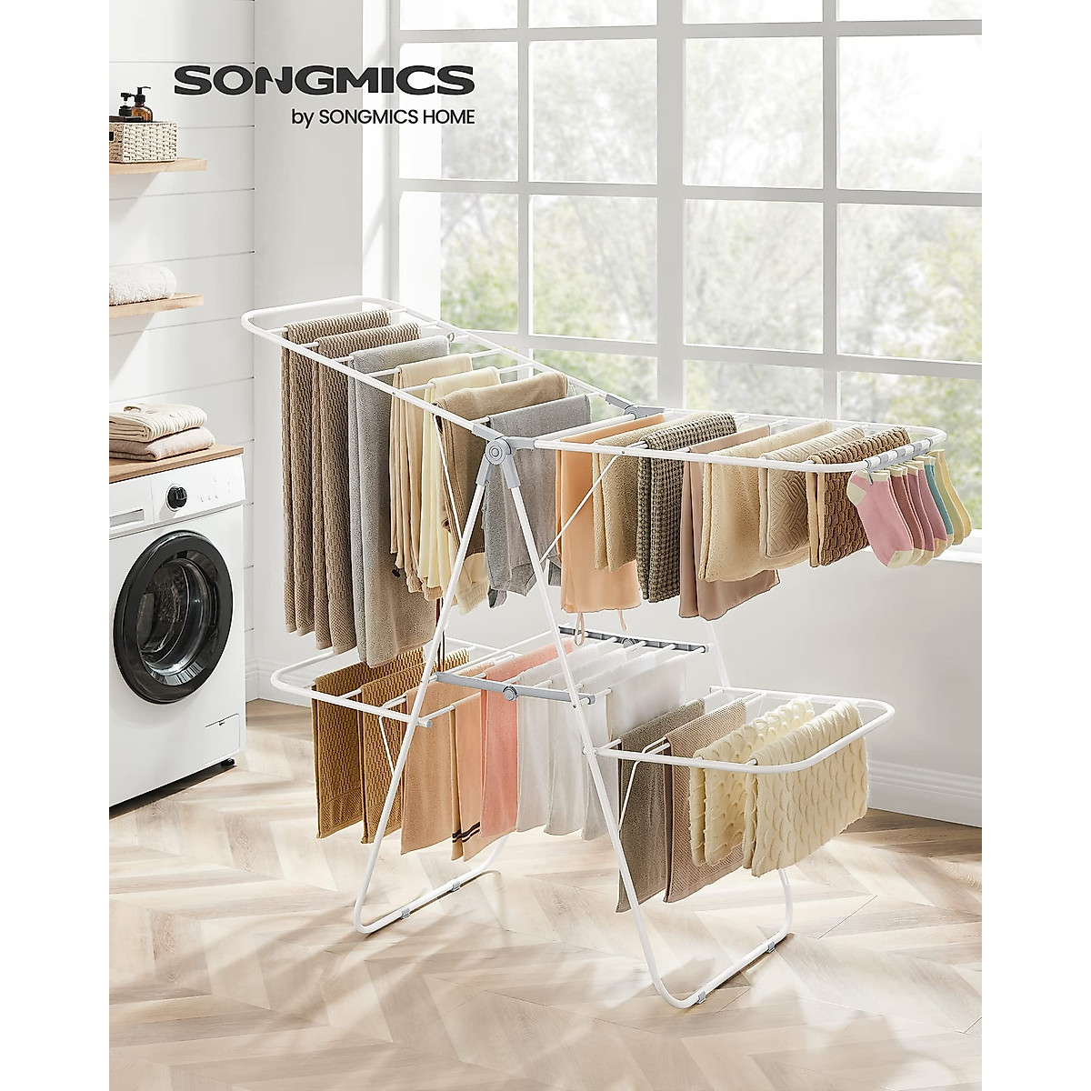 SONGMICS Clothes Drying Rack, Foldable 2-Level Laundry Drying Rack, Free-Standing Large Drying Rack, with Height-Adjustable Wings, 33 Drying Rails, Sock Clips, White and Gray ULLR053G01