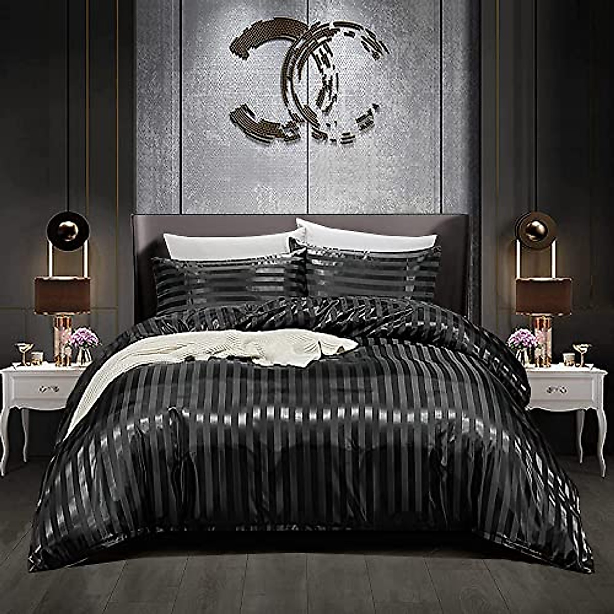 Sisher 5Pcs King Comforter, Stripe Silk Bedding Sets for Man Woman, Luxury Rich Black Bed in a Bag King (1 Comforter, 2 Pillowcases, 1 Flat Sheet, 1 Fitted Sheet)