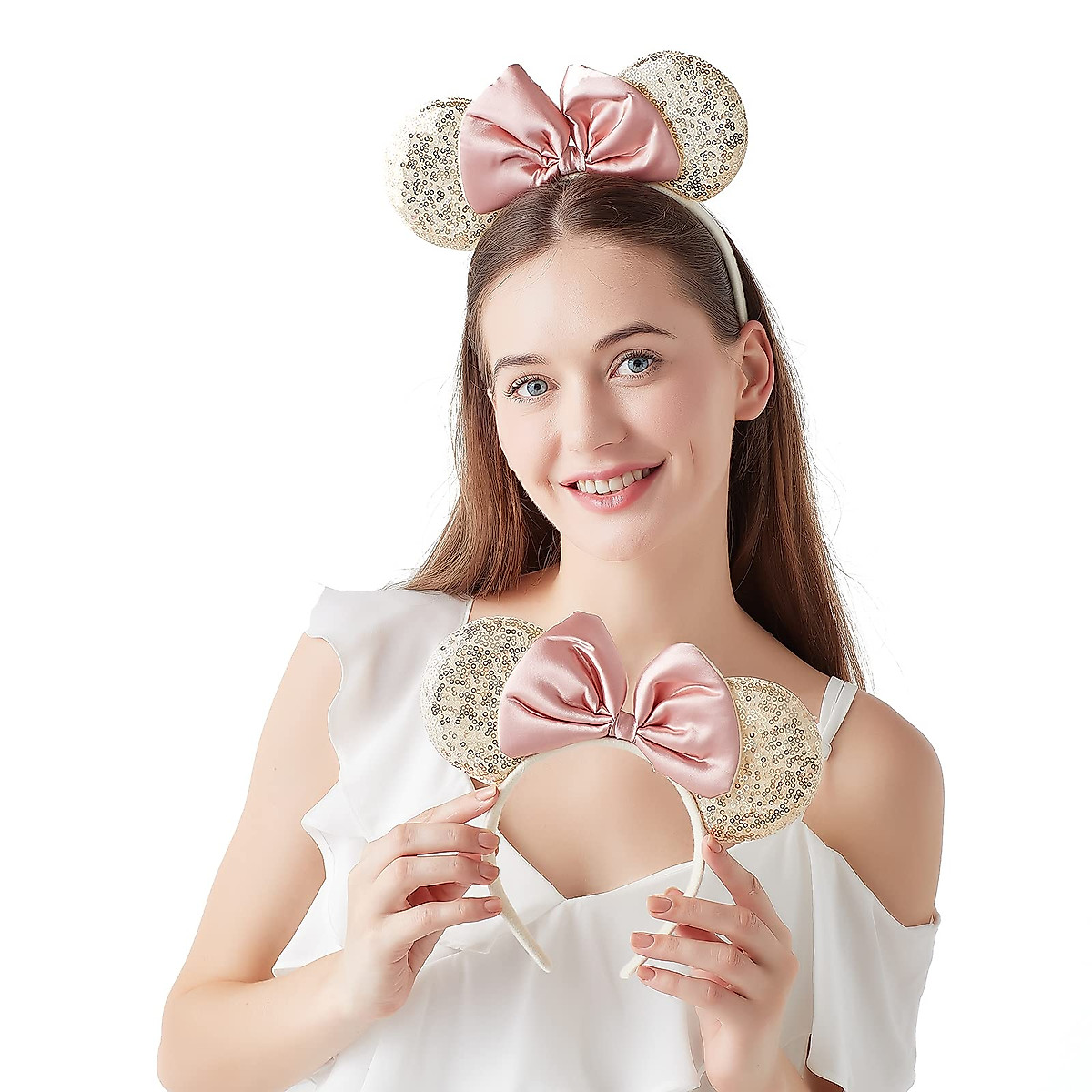 ZYTJ 2 Pcs Mouse Ears Headbands,Shiny Bows Mouse Ears Headbands for Birthday Parties, Themed Events, A Perfect Addition to Your Trip Essentials and Accessories for Women Neutral-pinkbow