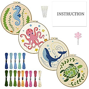 INFUNLY 4 Sets Embroidery Kit for Beginners with Sea Animals Pattern DIY Embroidery Kit for Adults Ocean Embroidery Art Kit Cross Stitch Kit for Adults with Plastic Embroidery Hoops Threads Needles