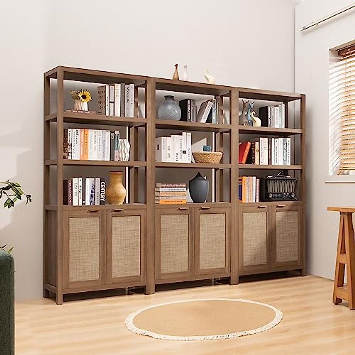 SICOTAS Bookshelf 5 Tier Book Shelf Rattan Boho Tall Bookcase with Doors Storage Wood Shelves Large Bookshelves Farmhouse Bookcases Library Book Case for Living Room Bedroom Home Office Kitchen (Oak)