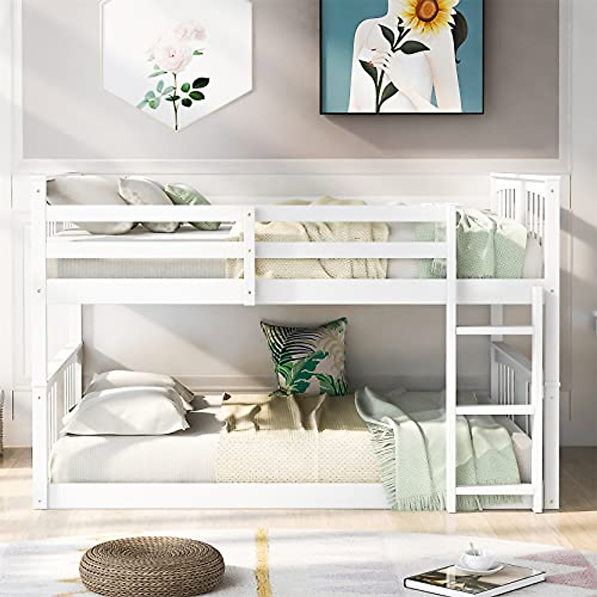 CITYLIGHT Floor Full Over Full Bunk Beds, Wooden Low Full Over Full Bunk Bed for Kids, Toddler Full Bunk Bed for Girls Boys Teens’ Bedroom or Dorm （Full,White）