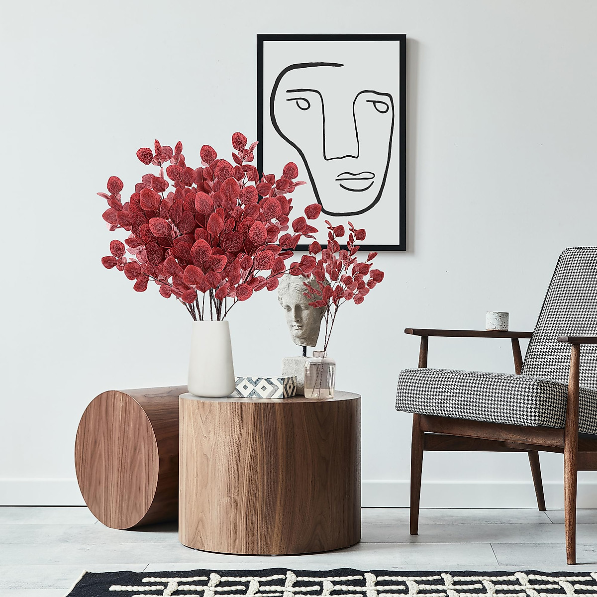 Sggvecsy Artificial Eucalyptus Leaves, 6 Pieces, 35.43 Inch Long, Red Color, Plastic and Silk Material, Easy to Bend and Adjust