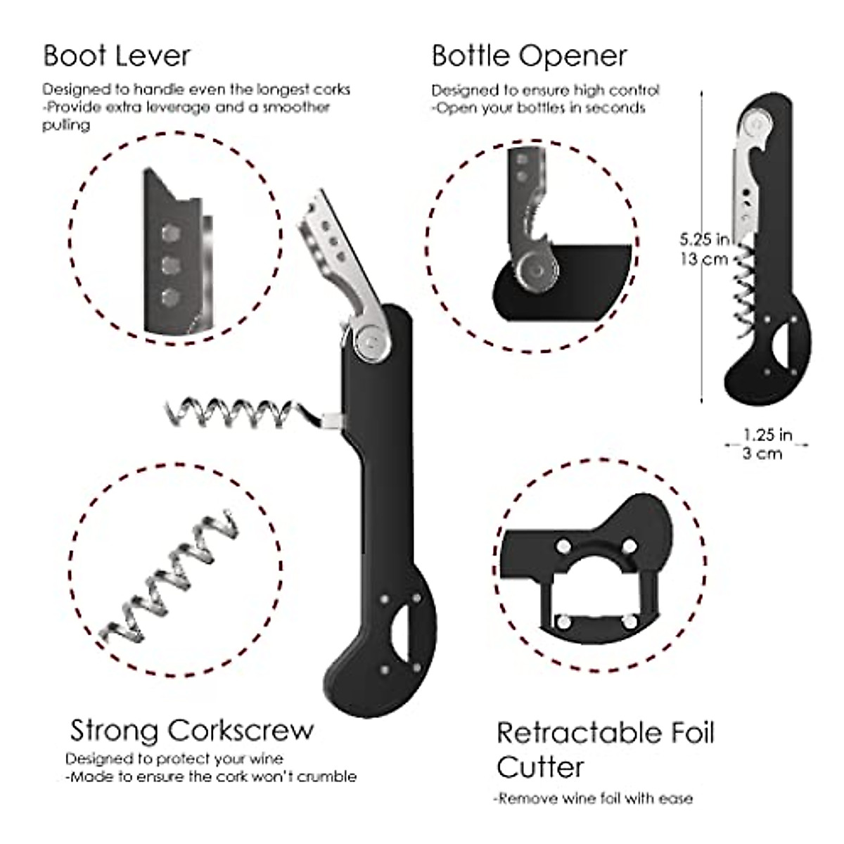 Houseables Boomerang Wine Opener, Corkscrew, 5 1/4”, Black, Cork Screw, No Blade, Foil Cutter, 3 in 1, for Waiters, Servers, Sommelier, Restaurant, Open Bottles, Beer, Multi Use, Compact