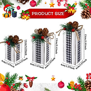 3 Pcs Christmas Table Centerpieces Christmas Table Decor Faux Present Wooden Blocks Rustic Decoration with Buffalo Plaid Bowknot for Holiday Xmas Tree Shelf Tiered Tray Decor (Black, White)