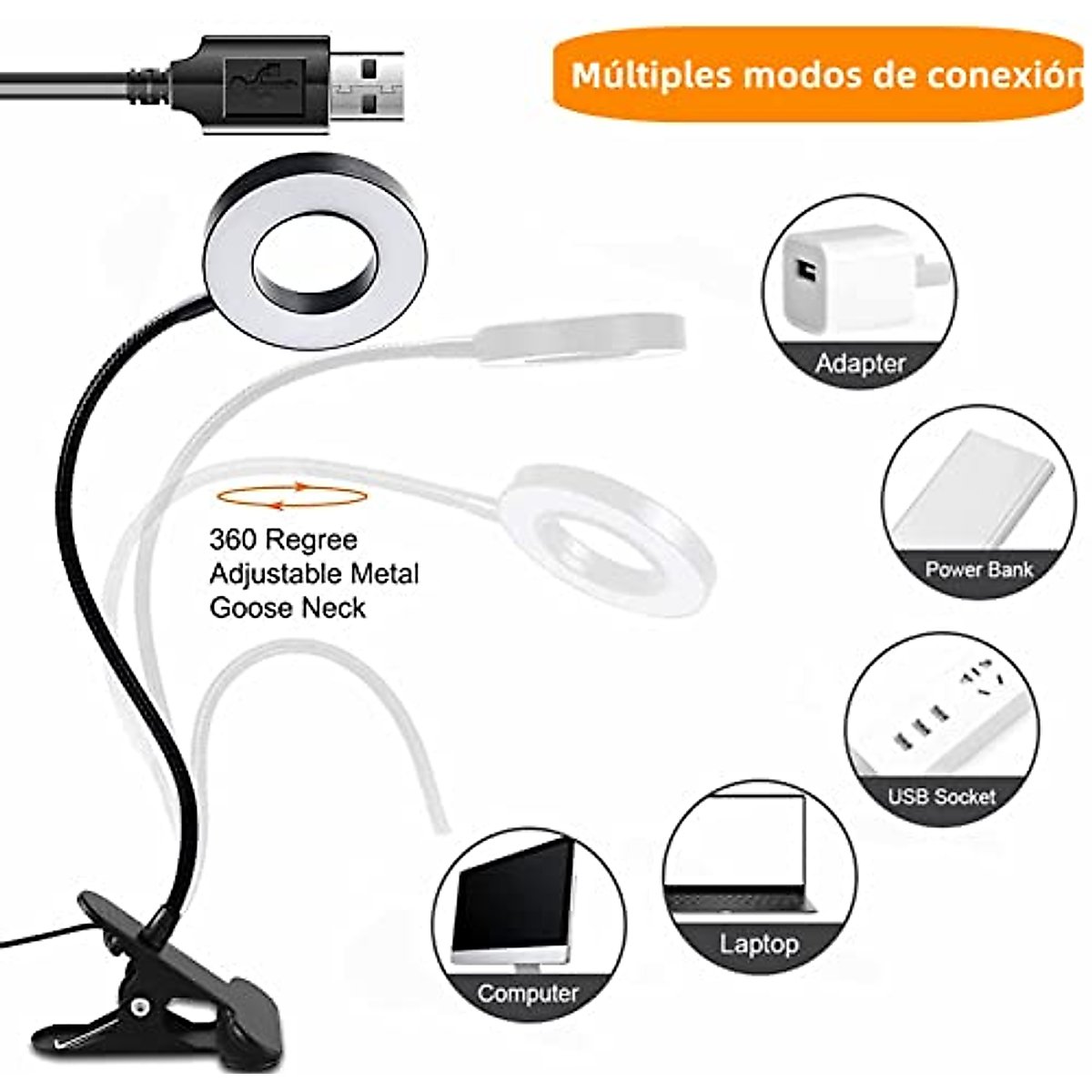 lishumei Clip on Light Reading Lights, 48 LED USB Desk Lamp with 3 Color Modes 10 Brightness, Flexible USB Clamp Bedside Lamp, Eye Caring Book Light for Studying/Working/Gaming (Black)