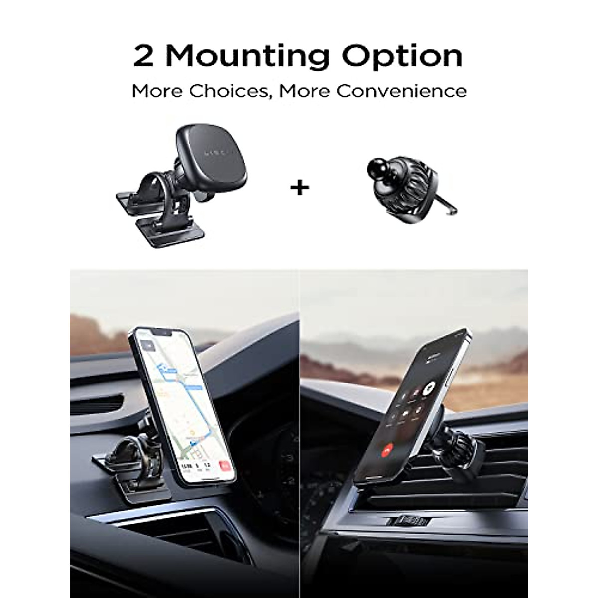 LISEN Magnetic Phone Holder for Car 6 Military Magnets Magnetic Phone Mount [2 Mounting Options] 3 Metal Plates Dashboard Car Vent Phone Holder for iPhone 14 Pro Max,Tablets, All Phones