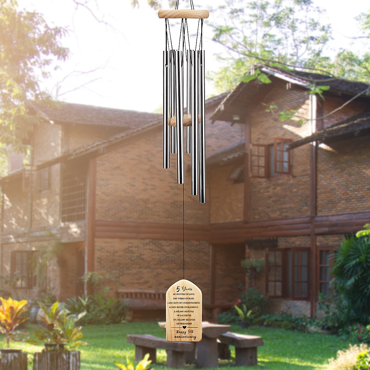 5 Years Anniversary Wind Chime, Happy 5th Anniversary Gift, 5 Years of Marriage, Wood Wedding Anniversary Keepsake for Couples Husband Wife, Valentines Day Gifts for Him Her, 5 Years Down