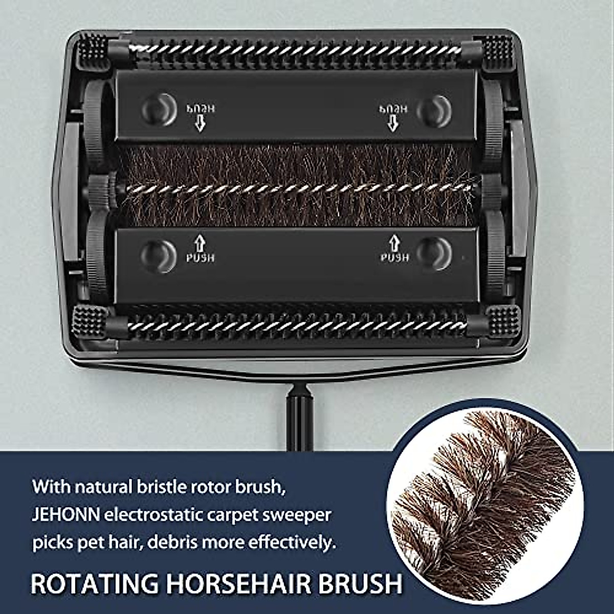 JEHONN Carpet Floor Sweeper Manual with Horsehair, Non Electric Quite Rug Roller Brush Push for Cleaning Pet Hair, Loose Debris, Lint (Black)