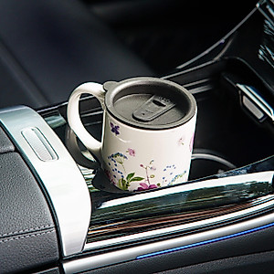 Topadorn Ceramic Coffee Mug Gift for Home & Office, 17oz. Porcelain Latte Travel Cup with Lid and Color Box, Pink Flower Art Tea Mug with Handle, 6.5" H