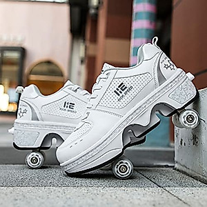 TAILORIA Double Row Roller Skate Roller Shoes Unisex Kick Roller Shoes Four Wheel Skateboard Shoes Children's Skates Detachable 2 in 1 Roller Skates White