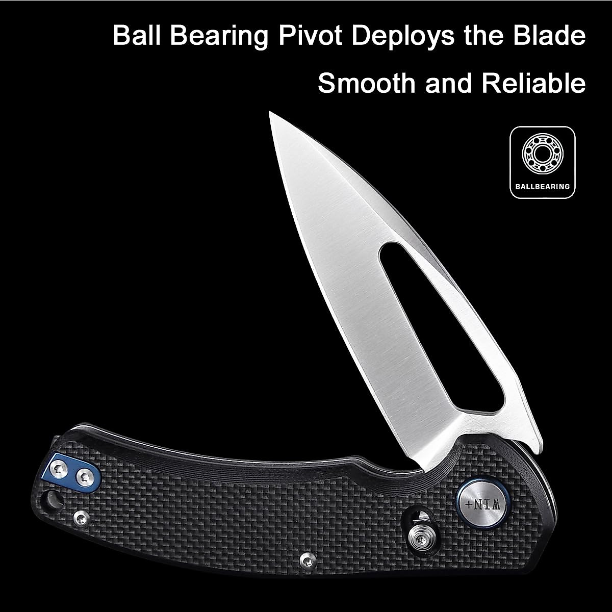 WIN+ Pocket Knife, Folding Knife with Button Lock and Axis Lock, Tactical Knife with Ball Bearing and Thumb Hole for Men and Women, Good for Camping and Outdoor 3444 (Black-G10)