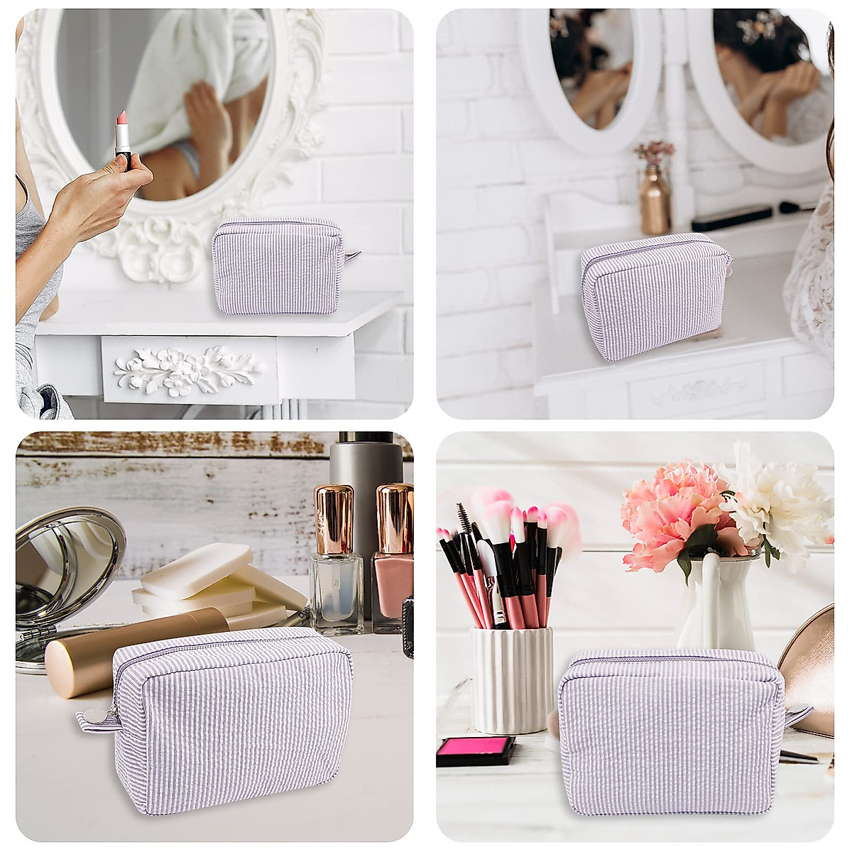 Seersucker Cosmetic Bag, Large Makeup Pouch Travel Toiletry Case with Zipper Closure Seersucker Cosmetic Organizer for Women Girls