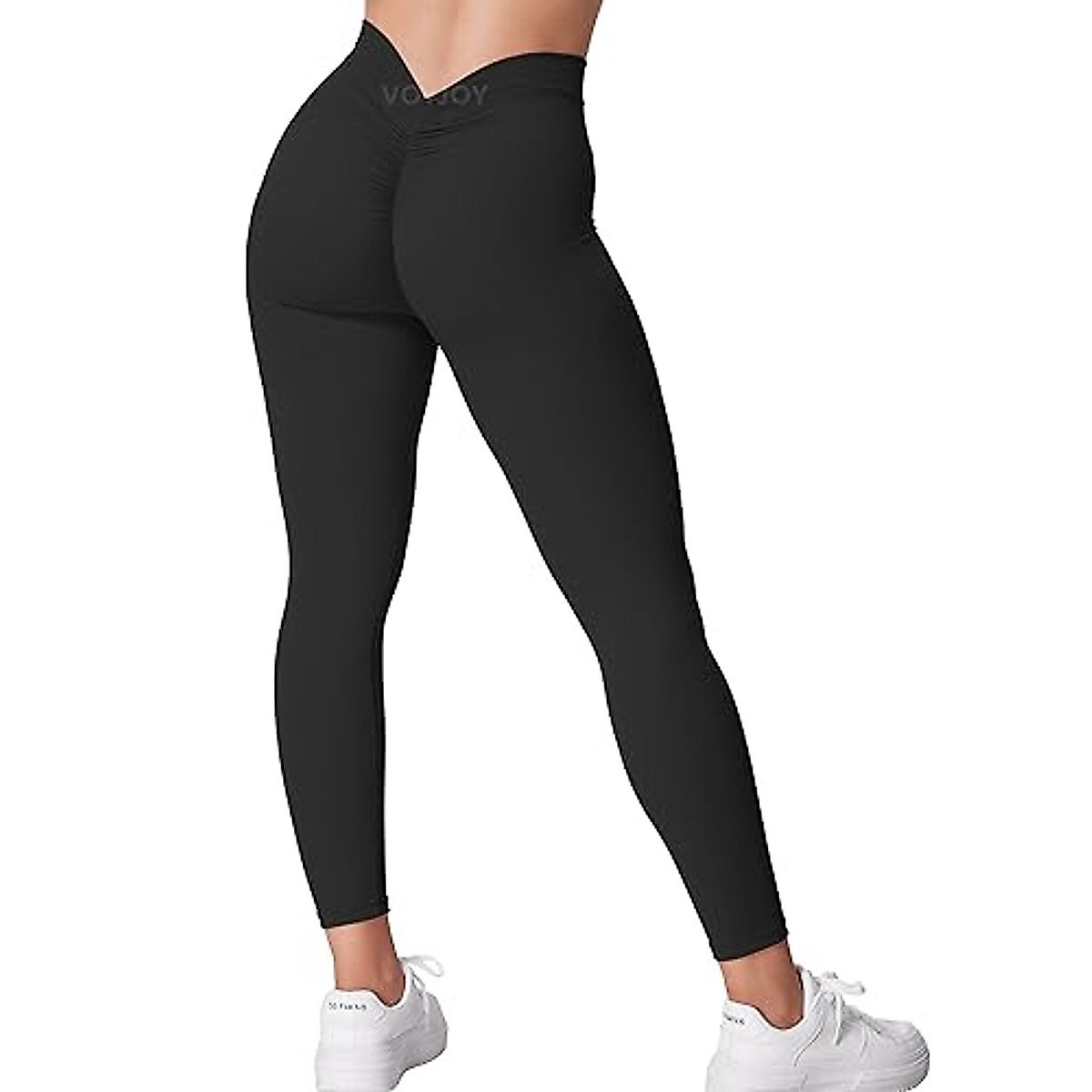 VOYJOY V-Back Scrunch Butt Leggings Workout Gym Lifting Leggings Gym Leggings Booty Tights Deep Black