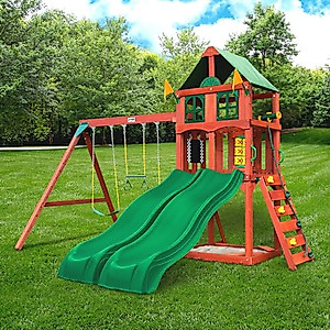 Gorilla Playsets 01-1057 Playmaker Deluxe Wooden Swing Set with Vinyl Canopy Roof, Dual Wave Slides, and Rock Climbing Wall, Redwood Stained Cedar (Amazon Exclusive)