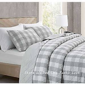 Chezmoi Collection 3-Piece Gray White Plaid Cotton Quilt Set - Buffalo Check Solid Reversible Bedspread - Pre-Washed Cotton Lightweight Coverlet, King Size