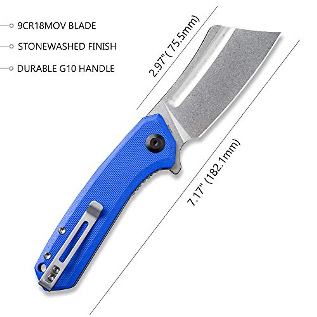 CIVIVI Mini Bullmastiff Pocket knife, Stout Cleaver Style Stonewashed Blade, G10 Handle,Flipper Open, Liner Lock,Reversible Deep Carry Pocket Clip, Everyday Carry Folding Knife C2004B (Blue)
